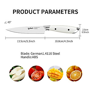 IGNITED CUTLERY 5 inch Paring Knife, German 1.4116 Stainless Steel Peeling Knife, Fruit Vegetable Knife with White ABS Handle, Razor Sharp Small Kitchen Knife with Gift Box