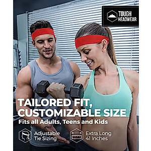 Tough Headwear Tie Headband for Men - Tennis Headband for Women, Sweat Band for Workout, Running, Football, Basketball, Athletics - Red