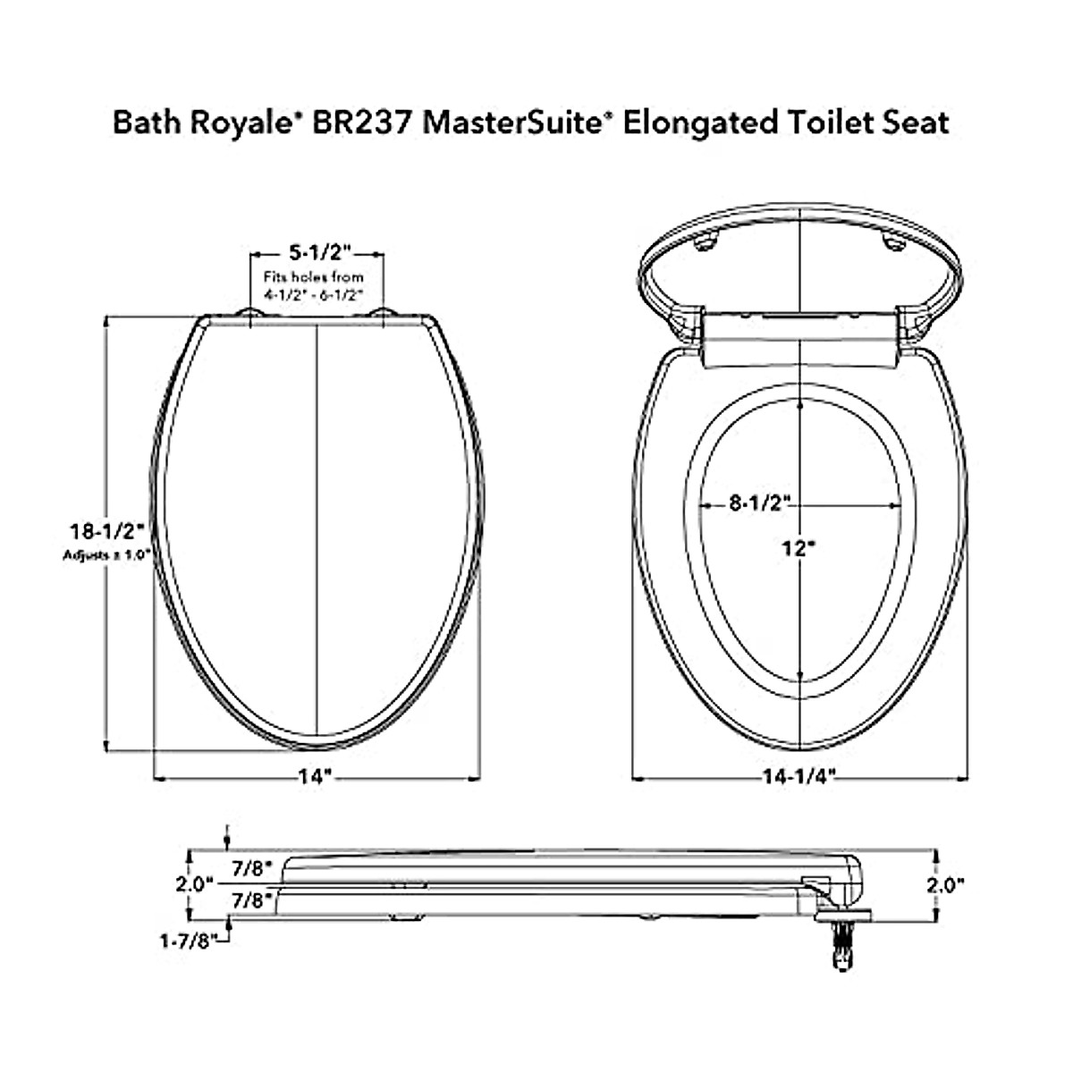 BATH ROYALE BR237-00 White MasterSuite Elongated Toilet Seat Slow Close, Scratch Resistant, Replacement Toilet Seat Fits All Toilet Brands including Kohler, Toto and American Standard