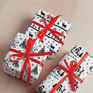 SaringSwoon Black White Christmas Wrapping Paper for Kids - Holiday Gift Wrap With Gnome, Reindeer, Snowman, Farmhouse, Xmas Tree Winter Designs - 40×28 Inches, 6 Folded Jumbo Sheets