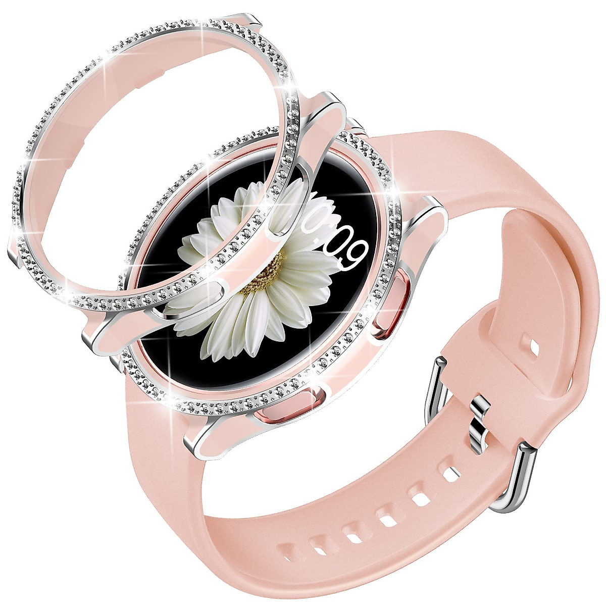 DABAOZA Compatible for Samsung Galaxy Watch 4 5 Band 40mm with Glitter Bumper Case, Women Black Silicone Soft Comfortable Adjustable Strap with Buckle (Pinksilver, 40)