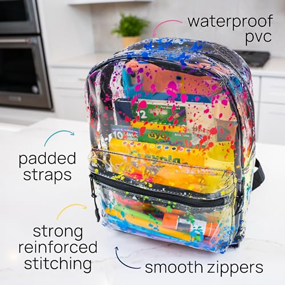 Aussa Heavy Duty Clear Backpack, Clear Bag Stadium Approved for School, Concerts, Games, Small Backpack 12x6x12 Clear Stadium Bag, Clear Backpack for Girls, Boys, Adults Bookbag - Paint Splatter