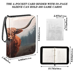PYBUG Highland Cow Trading Card Binder with Nylon Strap 4-Pocket Waterproof PU Leather Card Collection Binder for 400 Cards Sturdy Card Holder Folders for Game Cards,Sports Cards