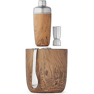 S'well Stainless Steel Shaker Set with Jigger Carafe - 18 Fl Oz - Teakwood - Triple-Layered Vacuum-IandS'well Stainless Steel Ice Bucket with Tongs - Holds 68oz of Ice - Teakwood