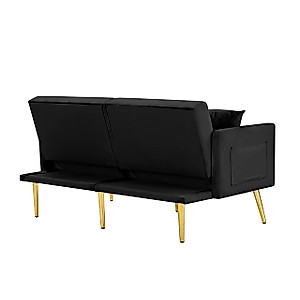 Antetek Convertible Futon Sofa Bed, 59-inch Modern Velvet Sleeper Sofa Small Loveseat with Two Pillows, 3 Adjustable Positions and 6 Golden Metal Legs Furniture for Living Room and Bedroom, Black