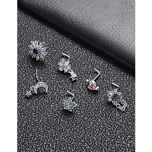 Tornito 12Pcs Nose Ring Nose Stud L Shaped Snake Butterfly CZ Flower Moon Dangle Nose Rings Stud for Women Men Silver Tone 20G