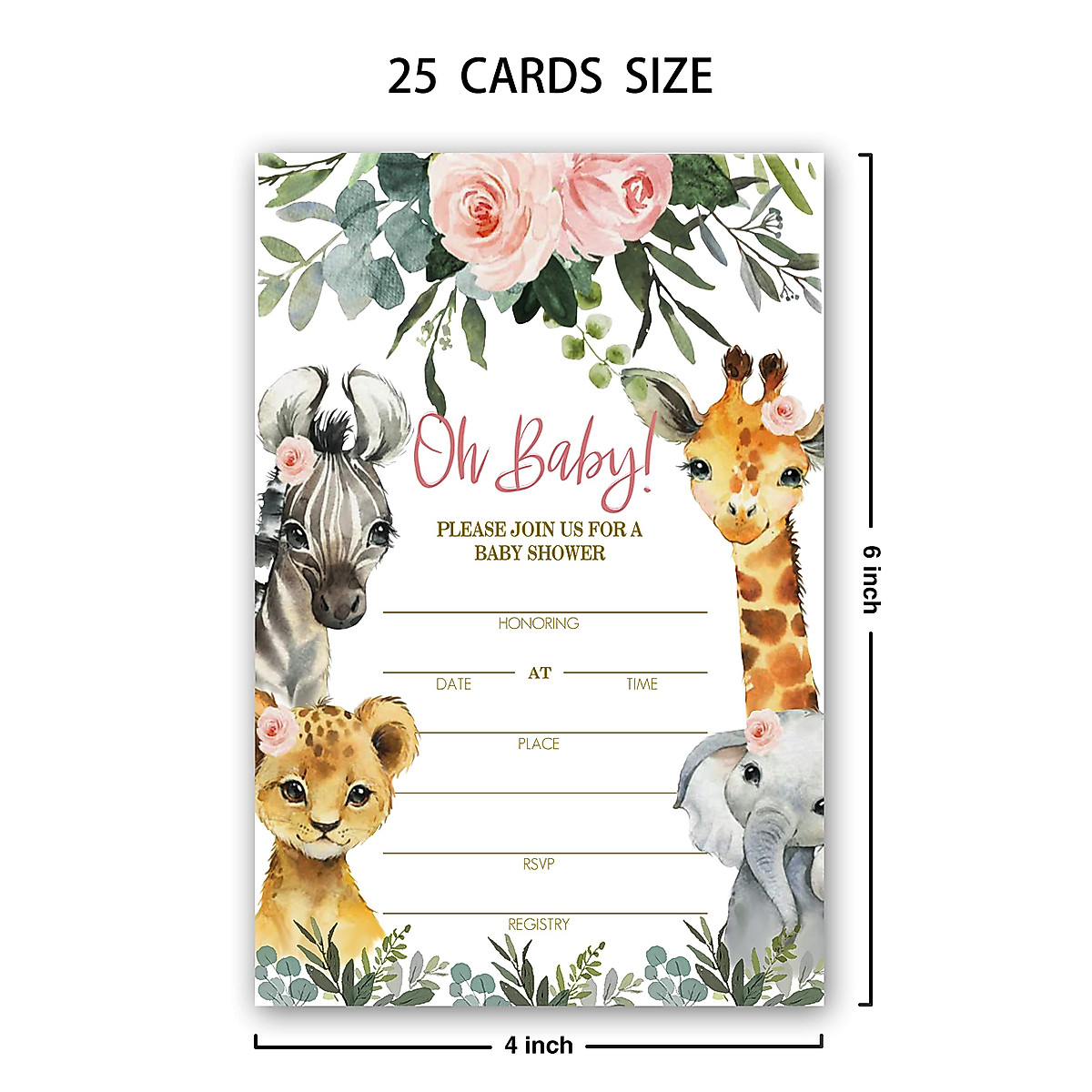 Safari Baby Shower Invitation Set, Fill In Invites Cards, Books For Baby, Thank You, Diaper Raffle, Oh Baby, Each Design 25 Cards & Envelopes (Total 100 Cards) – (bb002-taozhuang)