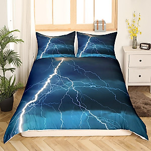 Castle Fairy Lightning Bedding Set,Lightning Storm Duvet Cover for Kids Teen Boys Girls,Blue and White Comforter Cover Decorative Room,Natural Weather Quilt Cover with 2 Pillowcases,Full Size