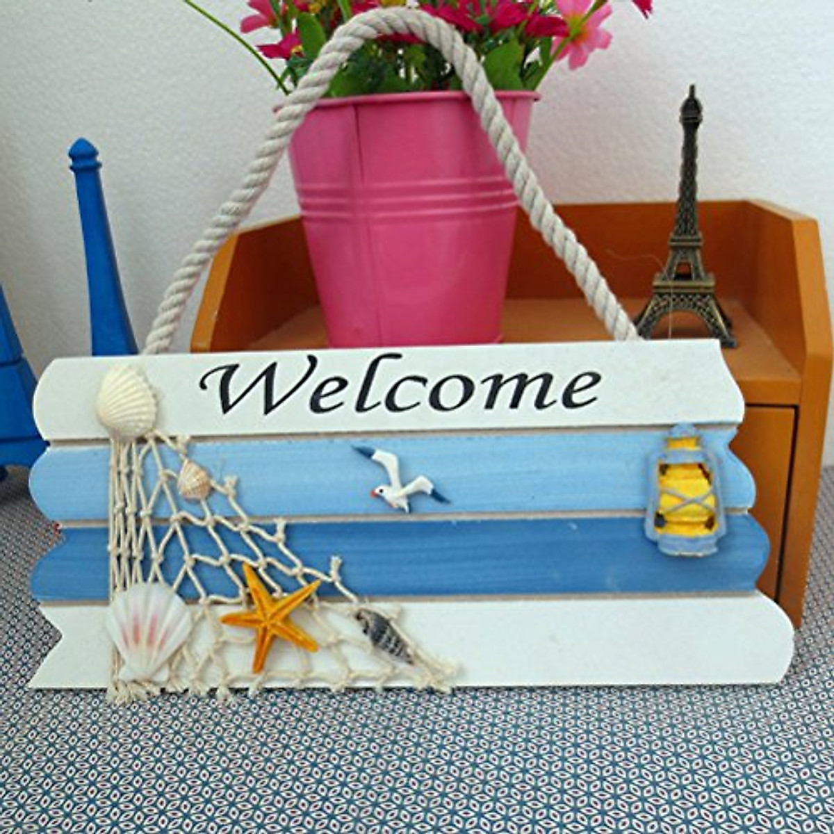 WINOMO Wooden Welcome Sign Front Door Nautical Decor (Blue)