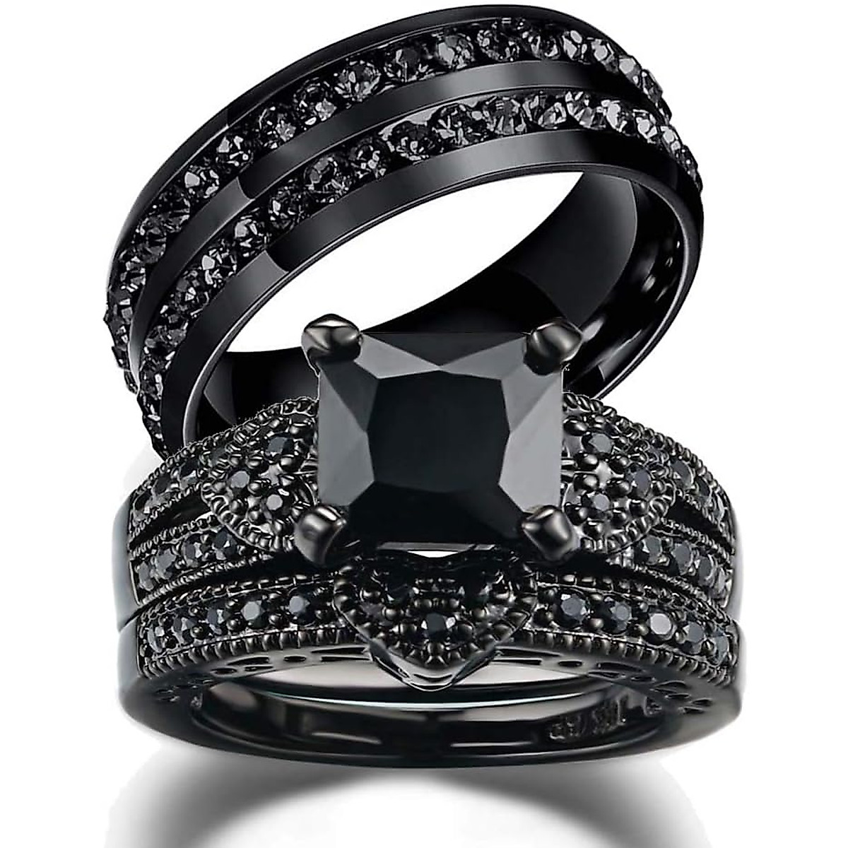 LOVERSRING Couple Ring Bridal Set His Hers Black Stainless Steel 10k Black Wedding Ring Band Set