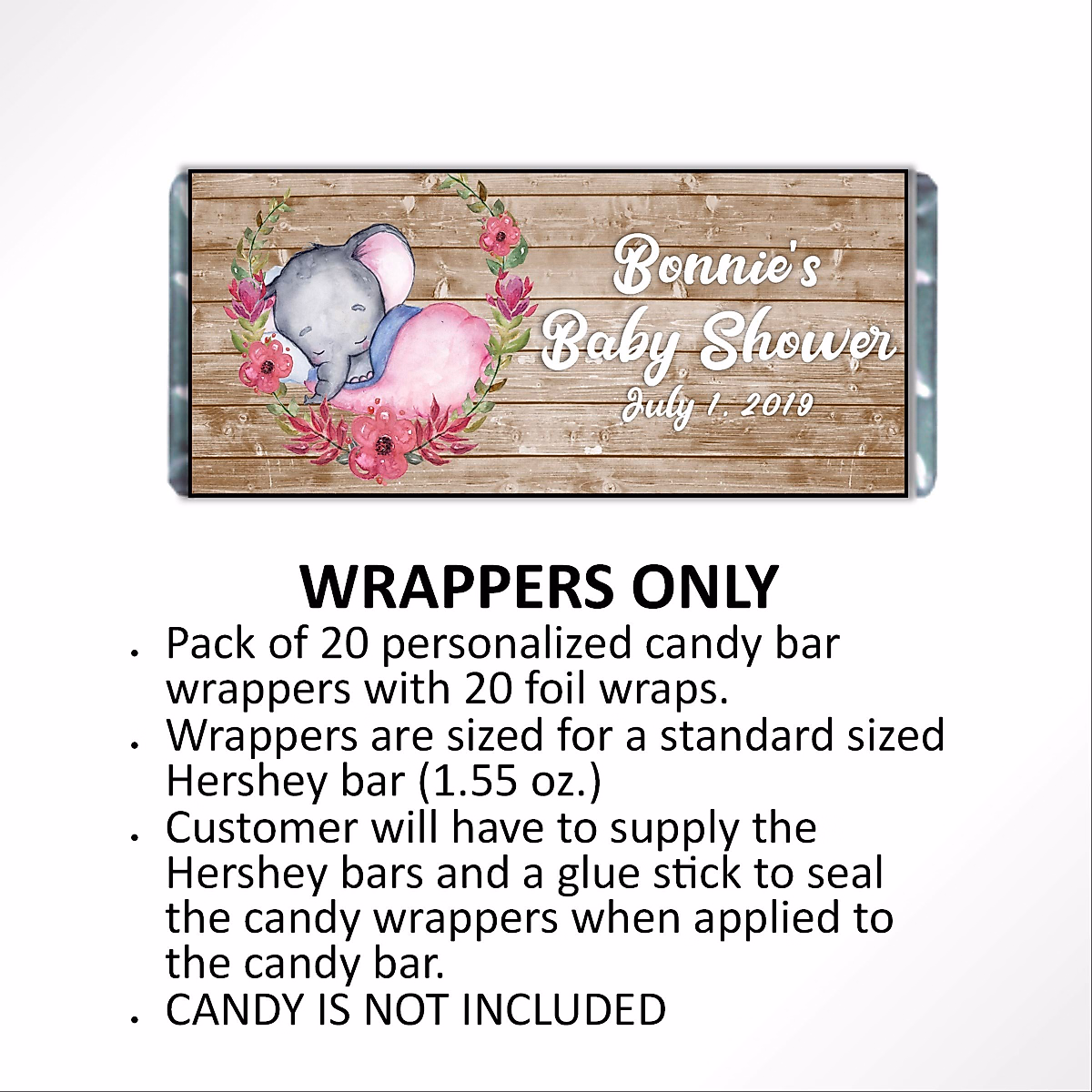 Rustic Elephant Baby Shower Favors, Personalized Candy Wrappers, Pack of 20 Chocolate Bar Labels