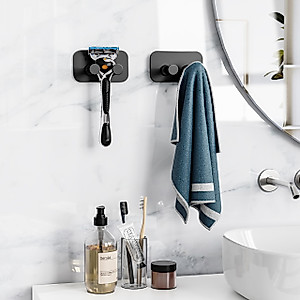 susswiff Adhesive Shower Hooks for Bathroom - Razor Holder for Inside Shower, Heavy Duty Hooks for Towel, Shaver, Robe and Loofah, Door Hooks for Hanging, Wall Mounted, Black, 4 Pack