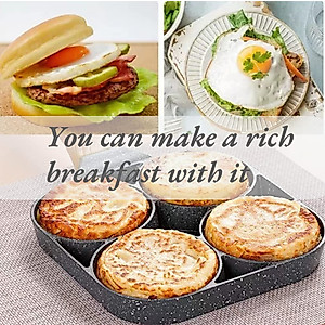 APPO 4 Hole Egg Pan, Non-Stick Pan with Wooden Handle, Work with Open Flame and Gas Stove, Suitable for Egg Burger, Grey Black, 15''L x 7.36'' W, each round egg area:3.5''Dia