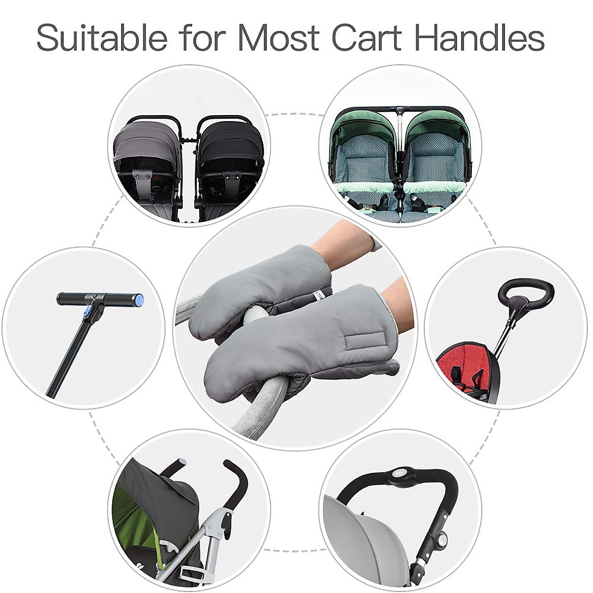 Evencaphy Stroller Gloves Universal Anti-Freeze Pram Hand Muffs Winter Gloves Pushchair Hand Warmers Water-Resistant with Stroller Hook, Grey