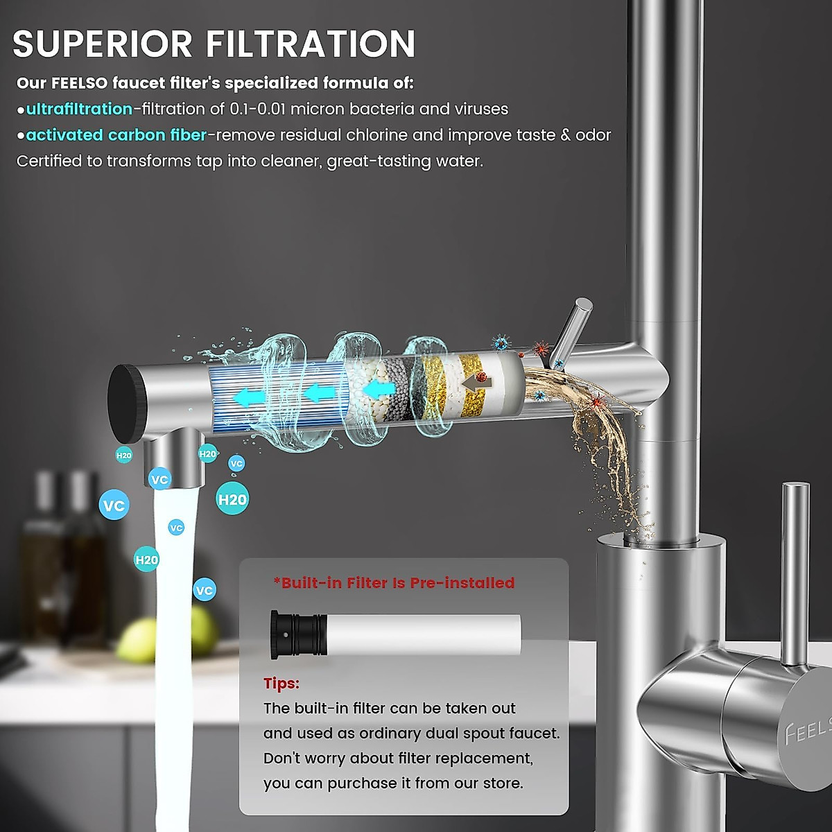 Kitchen Faucet, 2024 Upgraded Filter Water Kitchen Faucet with Pull Down Sprayer, Brushed Nickel Stainless Steel High Arc 1 Or 3 Hole Kitchen Sink Faucet for Remove Chorine and Harmful Substances