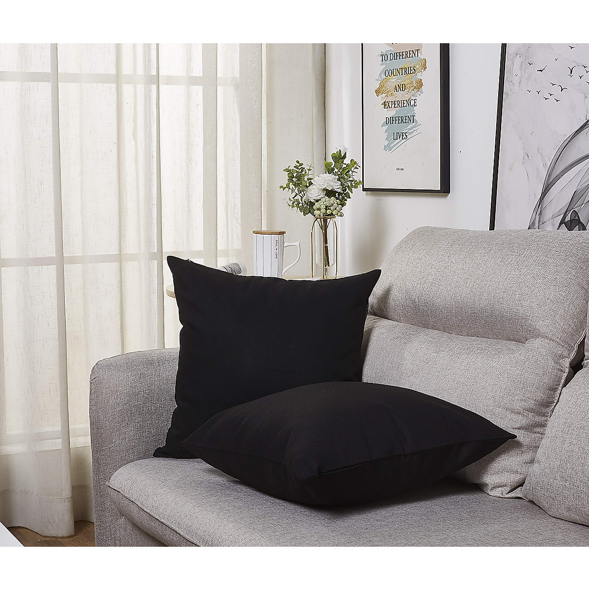 TangDepot Handmade Decorative Solid 100% Cotton Canvas Throw Pillow Covers/Pillow Shams, (18"x18", Black)