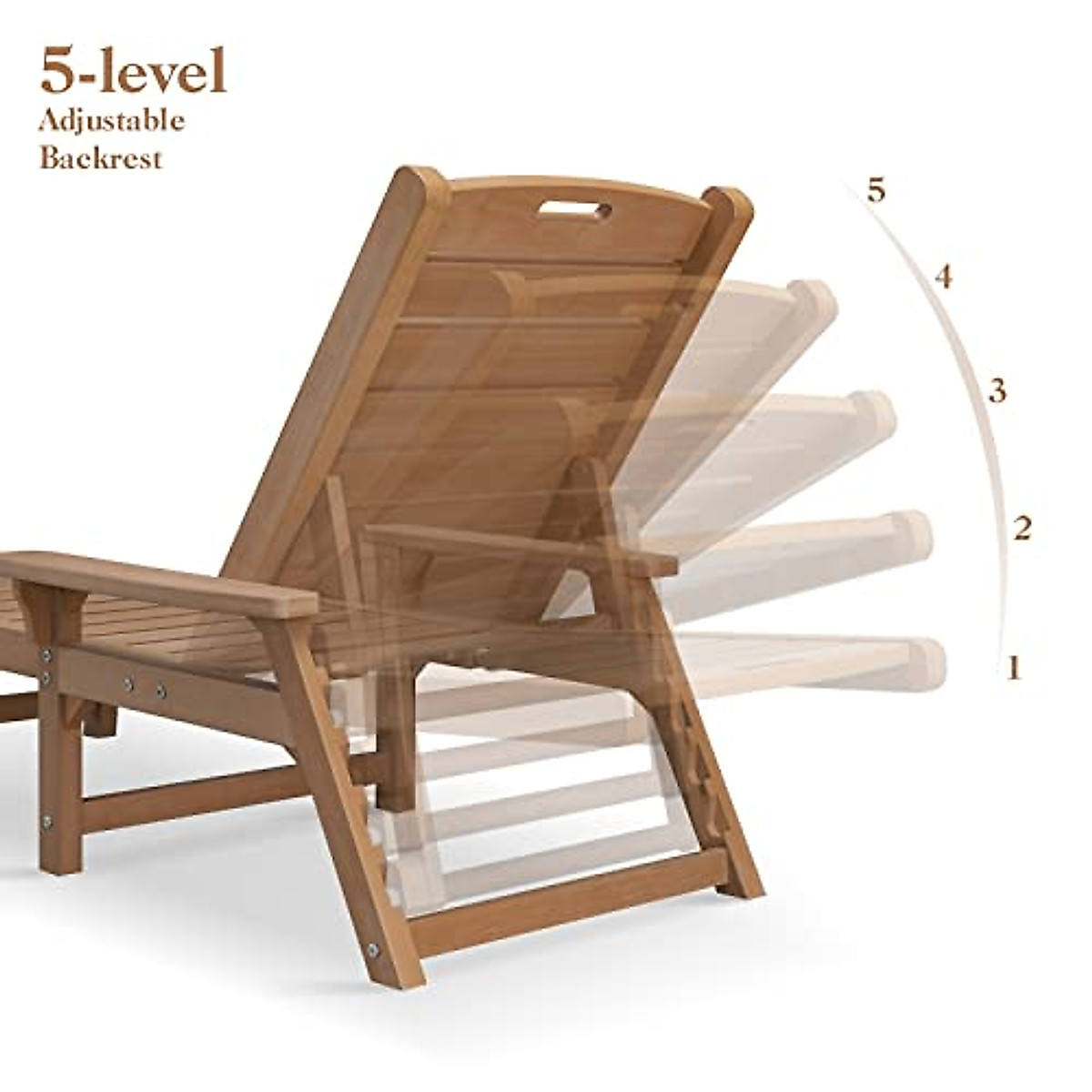 Psilvam Chaise Lounges Set of 4, Lounge Chairs with Adjustable Backrest, Supports Up to 350 lbs, All Weather Recliner Poly Lumber Lounges Bed for Poolside, Porch, Patio(Light Brown) (4)