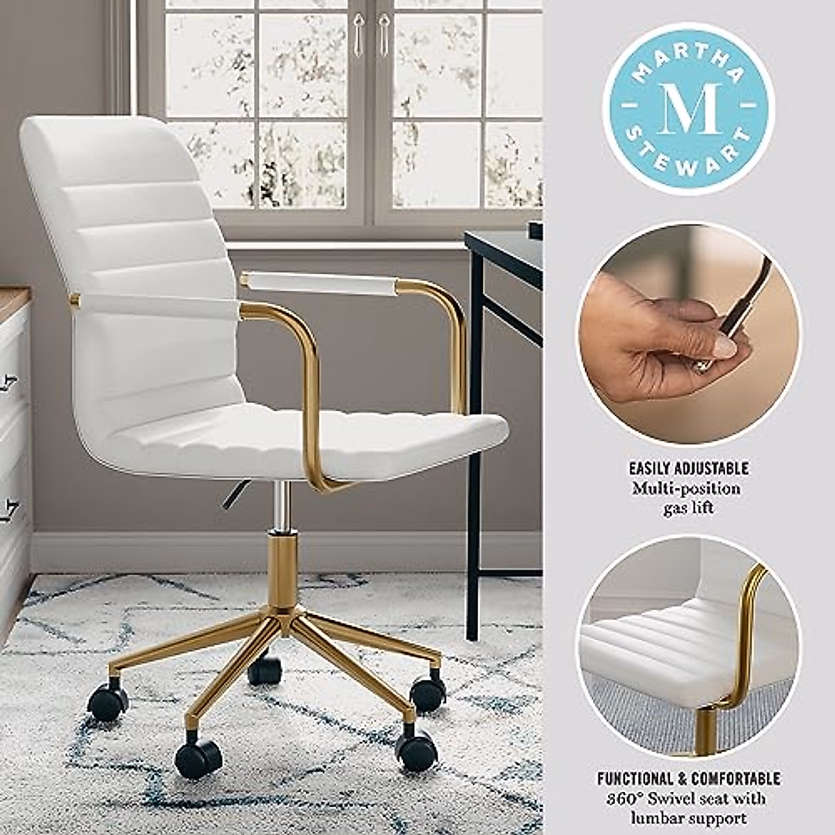 Martha Stewart Taytum Swivel Task Chair with Armrests for Home Office in White Faux Leather with Polished Brass Frame