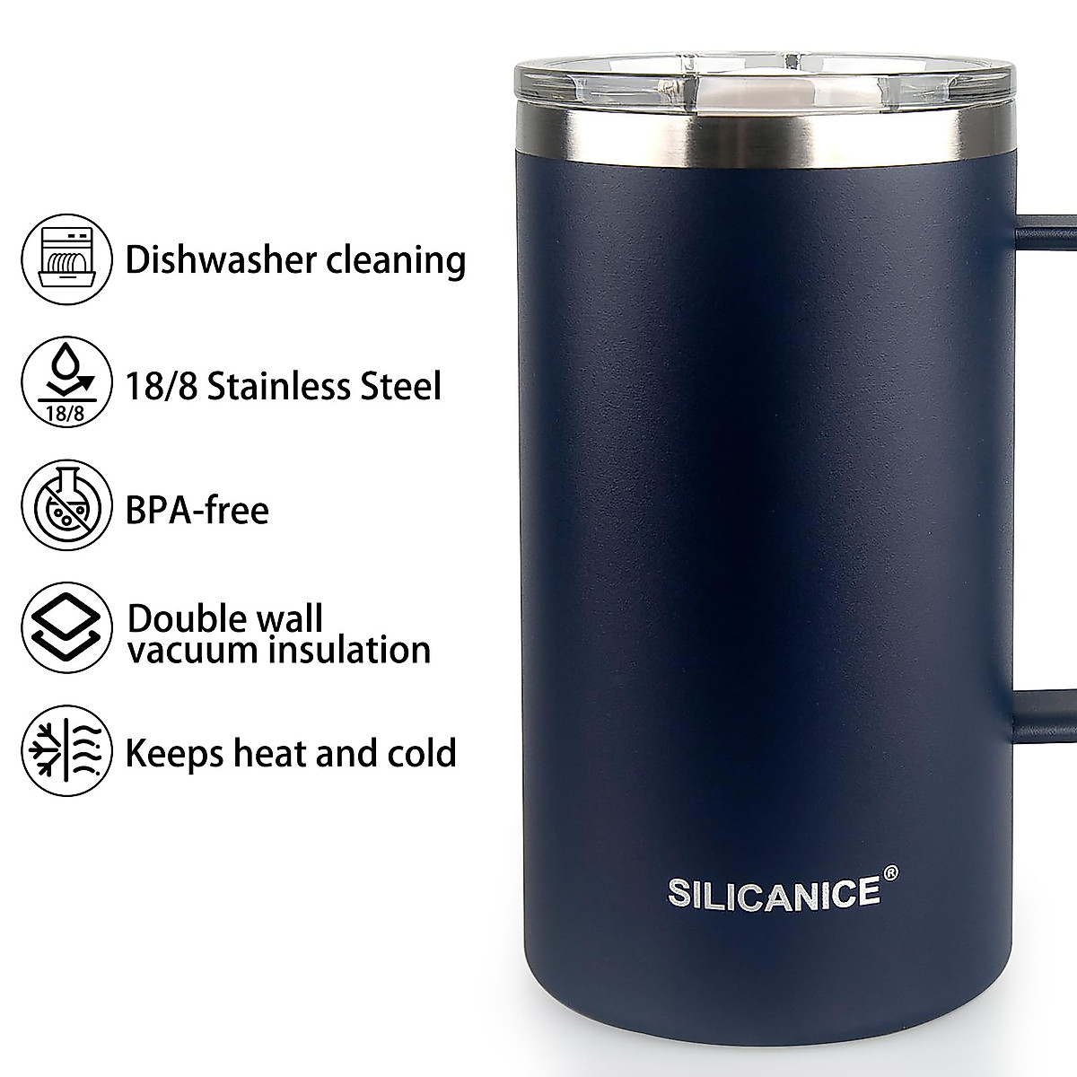 SILICANICE 24 oz stainless steel glass with handle double-wall insulation, easy to hold and clean, suitable for coffee, beverages, cola, protein powder, beer Navy