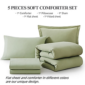 WRENSONGE Twin Comforter Set- 5 Pieces Sage Green Bed in a Bag, All Season Twin XL Bedding Sets with 1 Fitted Sheet, 1 Flat Sheet, 1 Pillow Sham and 1 Pillowcase