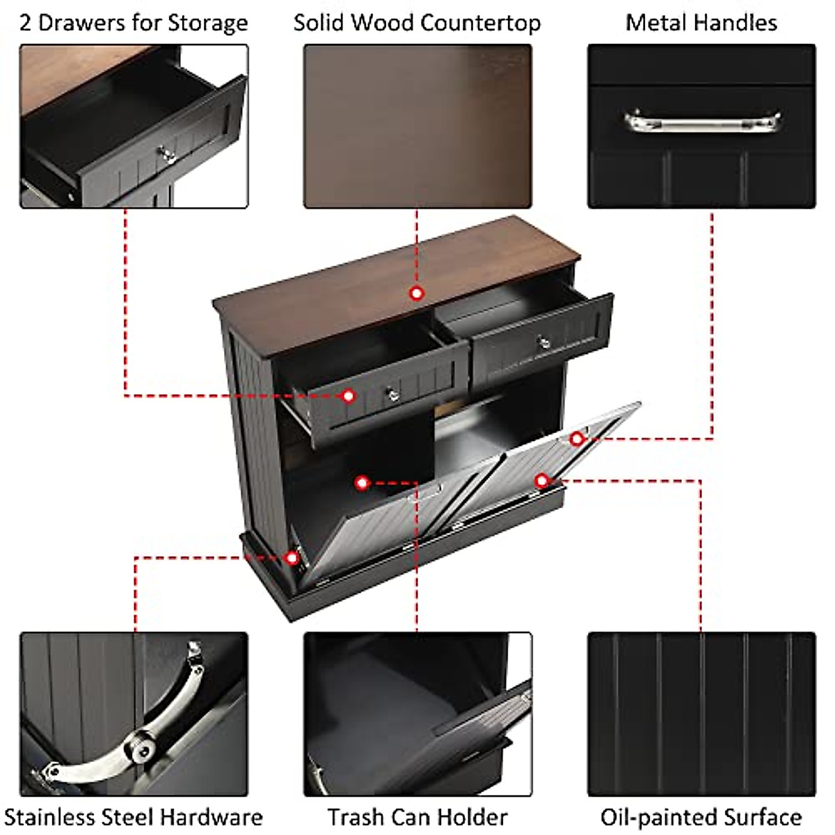 KIGOTY Dual Kitchen Trash Cabinet, Double Tilt Out Trash Can Cabinet with Countertop and Drawer, Free-Standing Pet Proof Recycling Cabinet Garbage Can Holder (Black)