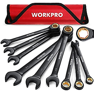 WORKPRO 9-Piece Anti-Slip Ratcheting Combination Wrench Set, SAE 1/4"-3/4", 72-Tooth, Cr-V Constructed, Black Ratchet Wrenches Set with Roll Up Pouch