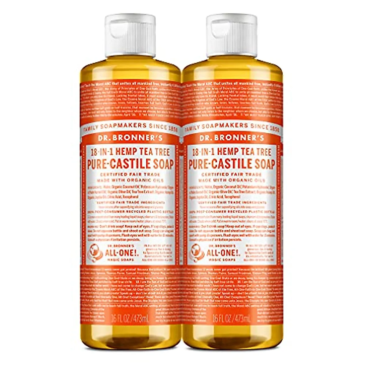 Dr. Bronner’s - Pure-Castile Liquid Soap (Tea Tree, 16 ounce, 2-Pack) - Made with Organic Oils, 18-in-1 Uses: Acne-Prone Skin, Dandruff, Laundry, Pets and Dishes, Concentrated, Vegan