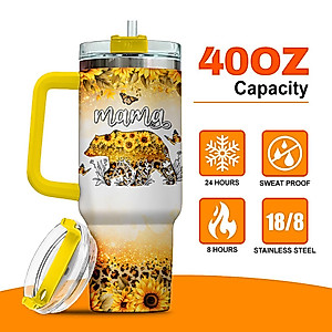 Women Yellow Stainless Coffee Momma Cups Black Butterfly Handle Glitter Steel Print For, Mama Bear Gifts, Tumbler 40 Oz With Handle Lid And Straw, Mama Bear Sunflower Leopard