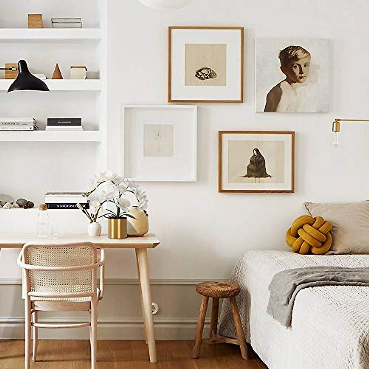 LESING Artificial Orchid Flower with Vase, White Orchid Bonsai Faux Orchid Phalaenopsis Plant Pot Arrangements for Home Decoration (White,Gold Vase)