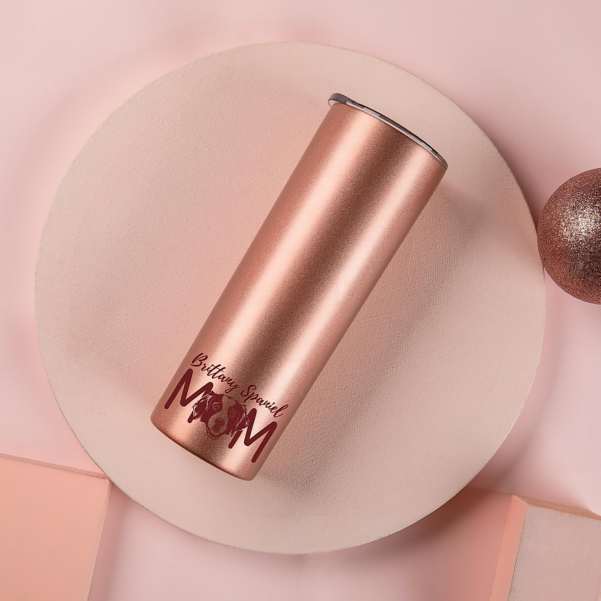 Onebttl Brittany Spaniel Gifts for Brittany Mom, Brittany Dog Design, Dog Mom Gifts, 20oz Stainless Steel Insulated Skinny Tumbler with Lid & Straw, Rose Gold - Brittany Mom