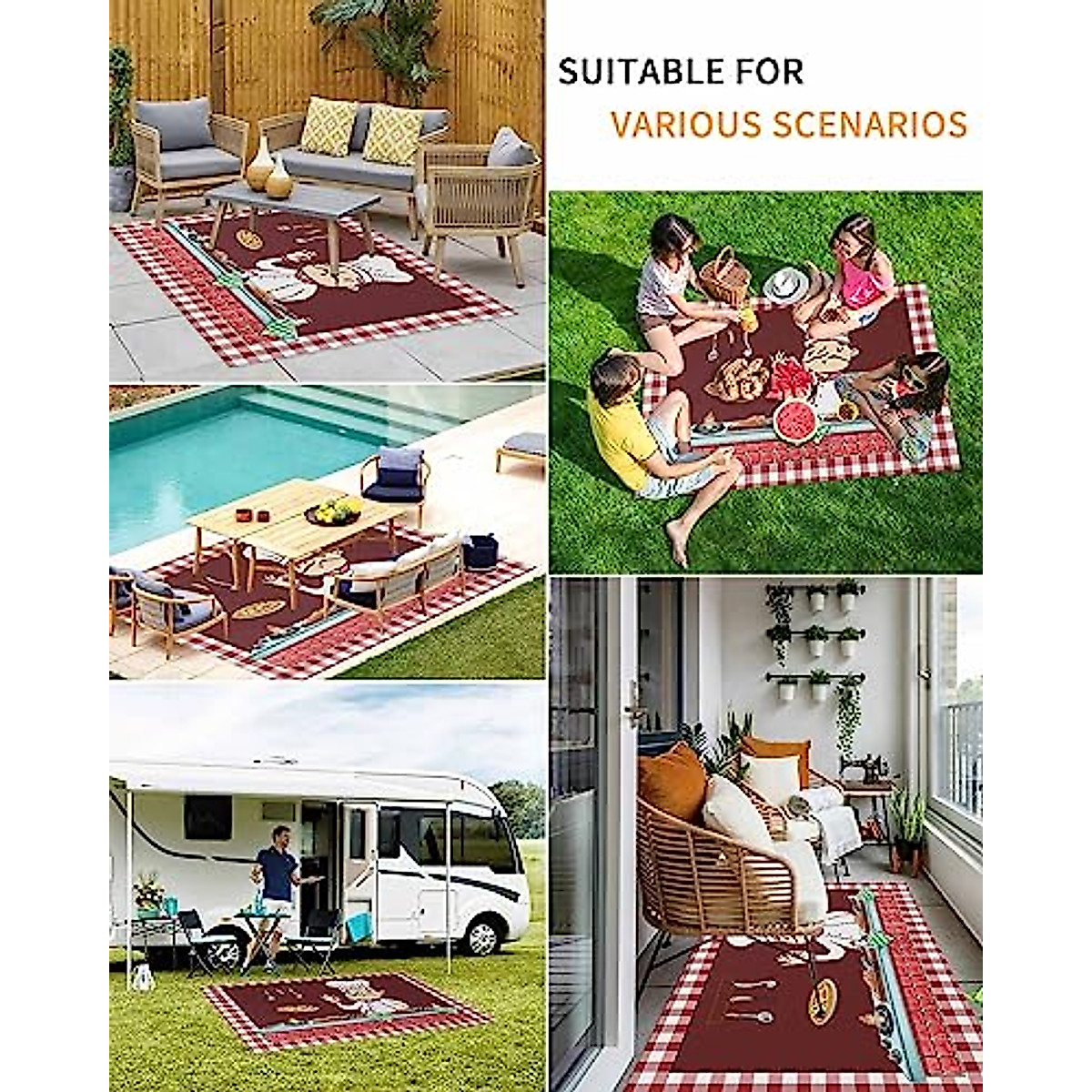 Absorbant Area Rug, Kitchen Decor Cartoon Chef Gourmet Food Dinner Table Wine Red Buffalo Check Outdoor Non-Slip Bottom Carpet Mat for Patio Camping Rv Picnic Backyard Deck Balcony Porch Beach 4x6 ft