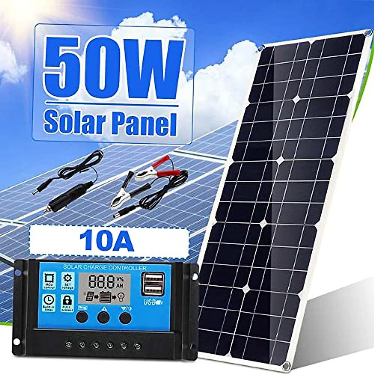 YALIYA 50W 5V/18V Solar Panel Dual USB Output Monocrystalline Solar Panel IP65 Water-Resistant with 10A Solar Controller Regulator for Car Yacht Batterys Boat r