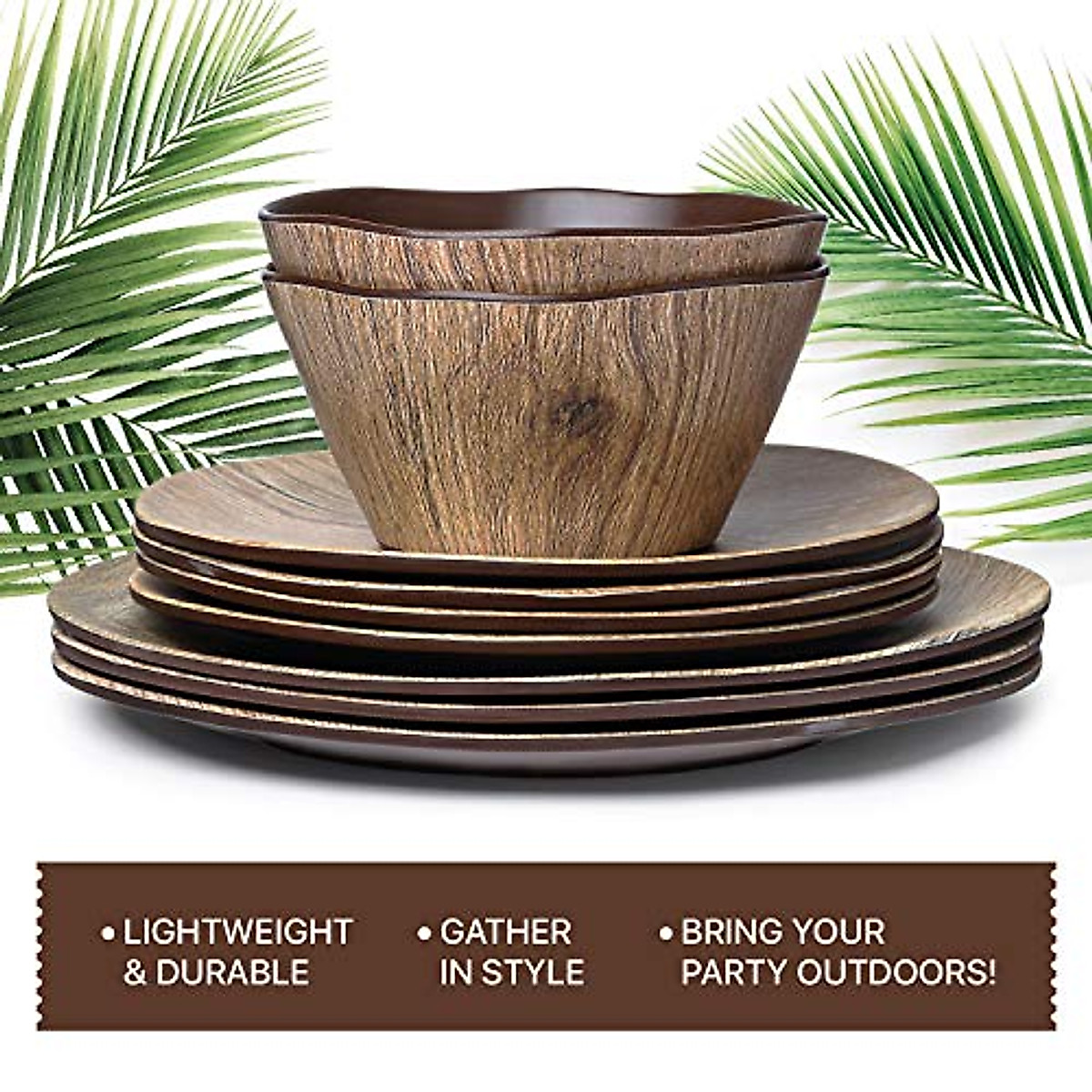 Melamine Dinnerware Sets - 12 pcs Melamine Plates Outdoor Plates Summer Plates and Bowls Sets Melamine Plates Ideal Camping Dish Set Dinnerware Set for 4 Dishwasher Safe (Wood Grain)