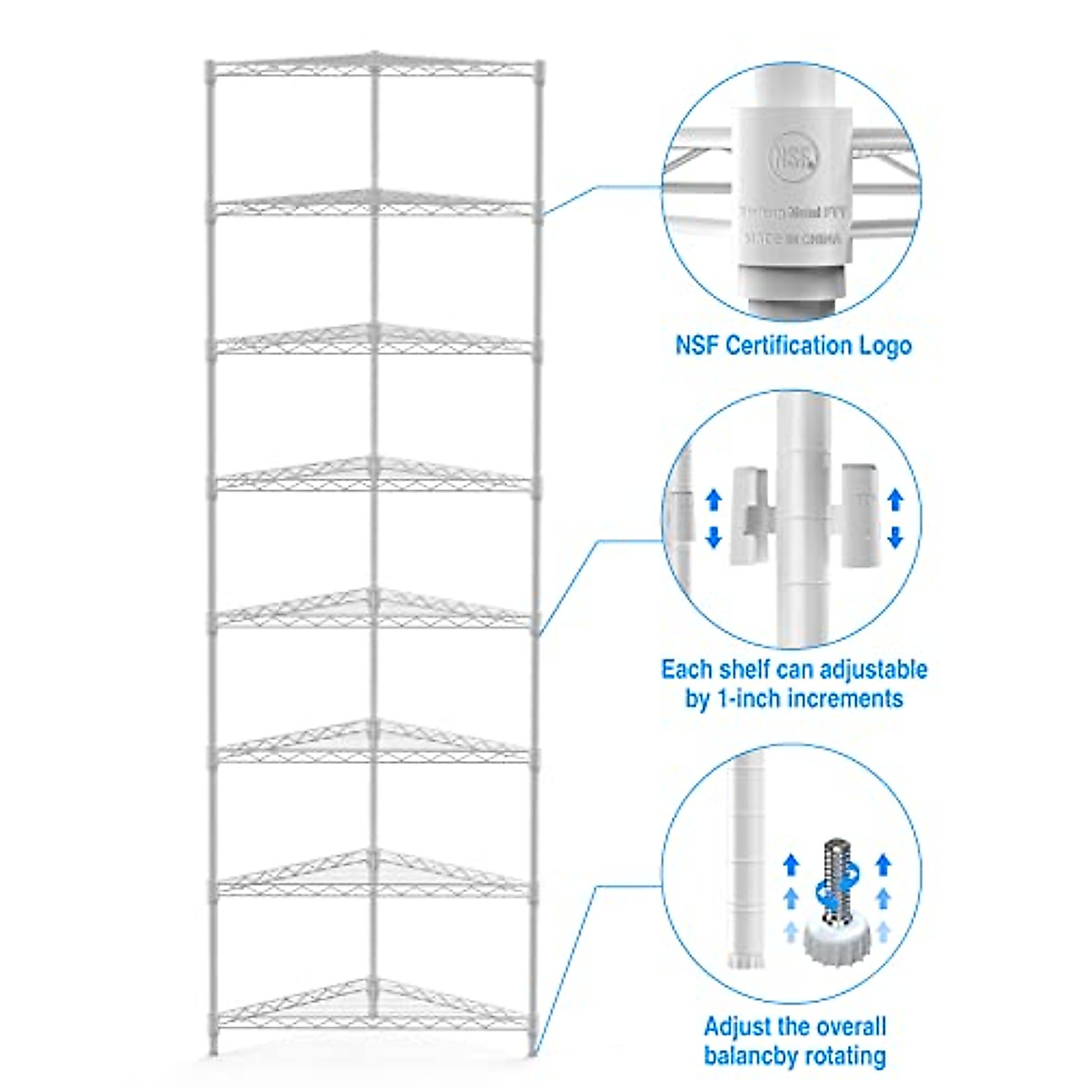 pouseayar 8 Tier NSF Metal Corner Shelf Wire Shelving Unit, 400lbs Capacity Heavy Duty Adjustable Storage Rack (No Shelf Liners) for Every Room Corner, 82" H x 20" L x 20" D - White