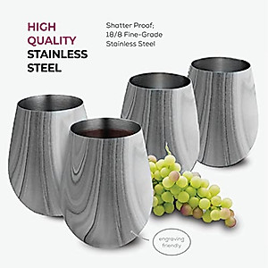 Stainless Steel Unbreakable Wineglasses - 18-Ounce Set of 4 Wineglasses. Premium-Grade 18/8 Stainless Steel Red & White Stemless Wineglasses set, Portable Wine Tumbler, for Outdoor Events, Picnics
