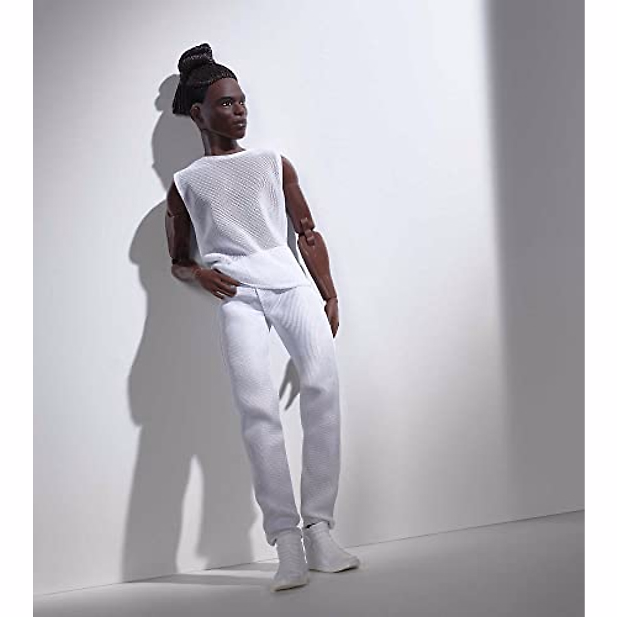 Barbie Signature Looks Ken Doll (Brunette with Braids & Bun Hairstyle) Fully Posable Fashion Doll Wearing White Shirt & Pants, Gift for Collectors