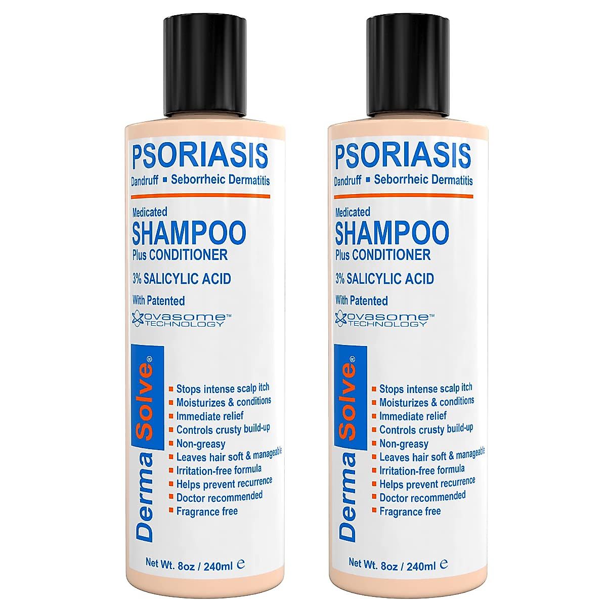 Dermasolve Scalp Psoriasis Medicated Shampoo & Conditioner - Naturally Heals Dandruff Seborrheic Dermatitis Itchy Flakey Inflamed Skin & Provides Soothing Moisturizing Relief - 8 oz bottles (2 Pack)