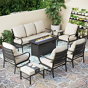 PHI VILLA 8 PCS Patio Furniture Set with 1 x 45 FirePit Table, 1 x 72 Sofa Bench, 4 x Armrest Sofa Chairs and 2 x Metal Cushioned Ottoman