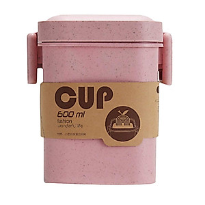 YARDWE Microwave Breakfast Cup Sealed Insulated Food Jar: Microwave Soup Mug with Lid 600ml Pink Square Wheat Straw Cereal Cup with Cover Spill Proof Soup Travel Container