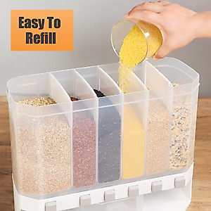 Grain Dispenser with Measuring Cup，Dry Food Dispenser Snack Dispenser Rice Dispenser for Kitchen Organizing，Kitchen Storage 25 Pounds Food Dispensers，6 Grid