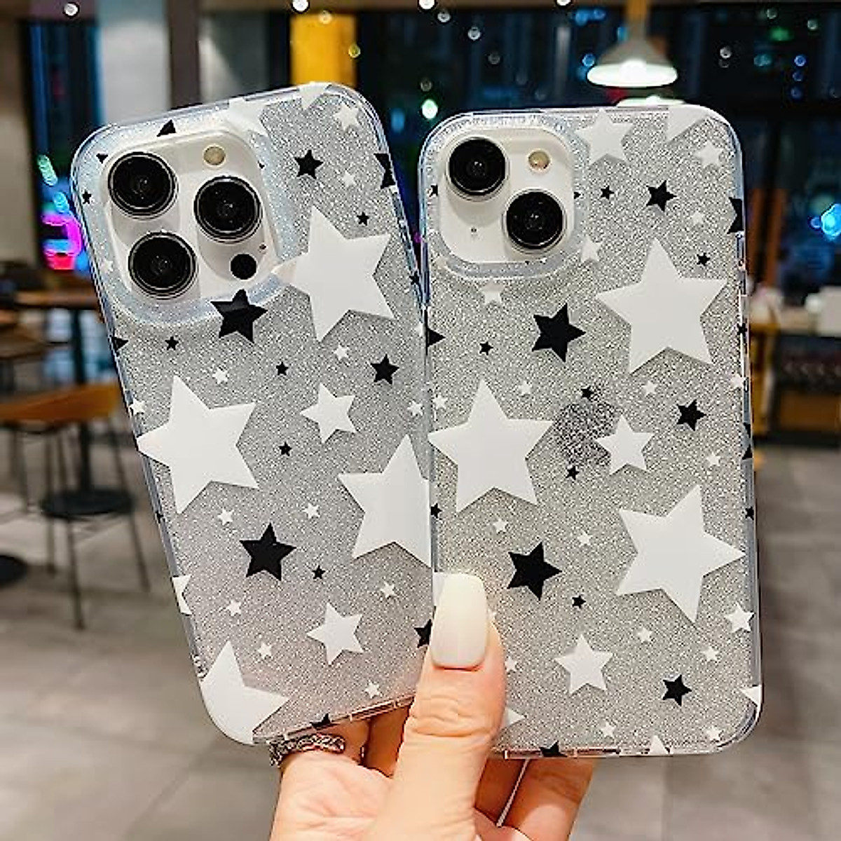 HYUEKOKO Compatible with iPhone 13 Case Bling Glitter White Black Stars Case for Women Girls, Slim Hard Back Clear Phone Case Cover for iPhone 13 6.1''