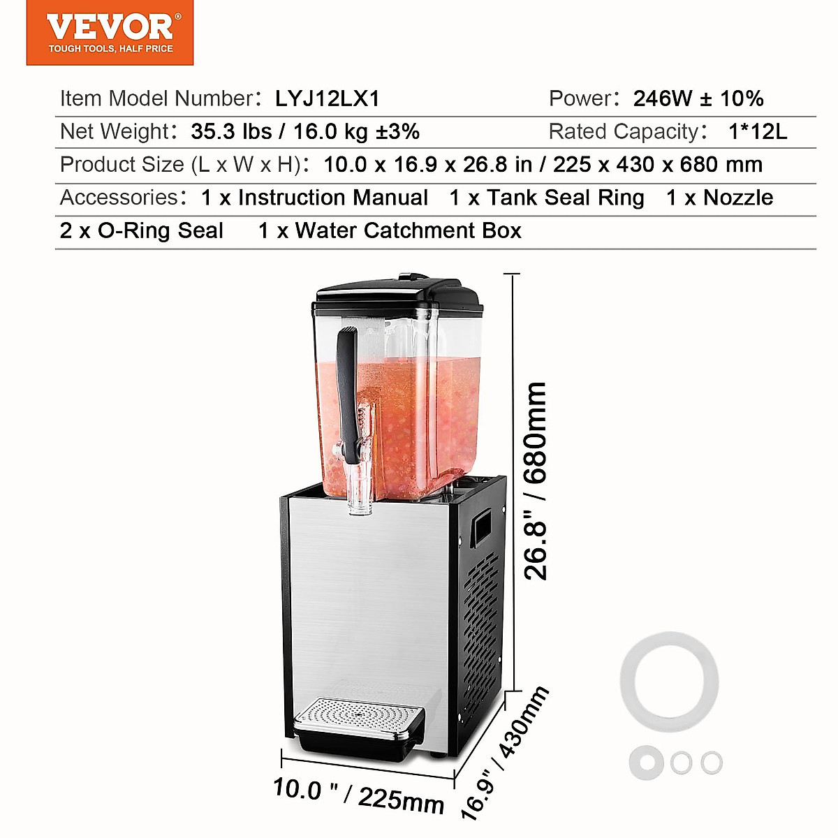 VEVOR Commercial Beverage Dispenser, 12 L / 12.7 QT Juice Dispenser, 246W 304 Stainless Steel Food Grade Ice Tea Drink Machine with 45°F-54°F Cooling Temperature, for Cold Drink Restaurant Bar Party