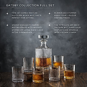 JoyJolt Gatsby Whiskey Decanter and 6PC Glasses Set. 27 oz Airtight Glass Decanter and Set of 6 Old Fashioned Rocks Glasses for Scotch, Bourbon Whisky, Brandy, Cognac Rum or Whiskey Cocktails