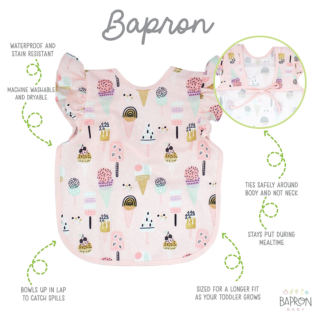 BapronBaby Flutter Pink Ice Cream Bapron - No Neck Tie Safer Bib for Baby & Toddler - Soft Waterproof Stain Resistant - Machine Washable - Sz Baby/Toddler 6m-3T