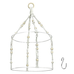 QWORK Dual Layer Bohemian Herb Drying Rack - Rustic Beige Handwoven Cotton Rope with Wooden Beads & Solid Wood Ring - 15 Stainless Steel Hooks for Drying Herbs, Flowers, and Buds