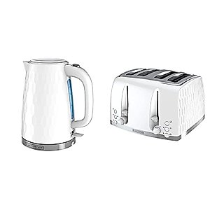BLACK+DECKER Honeycomb Collection Rapid Boil 1.7L Electric Cordless Kettle with Premium Textured Finish,KE1560W & Honeycomb Collection 4-Slice Toaster with Premium Textured Finish, TR1450WD, White