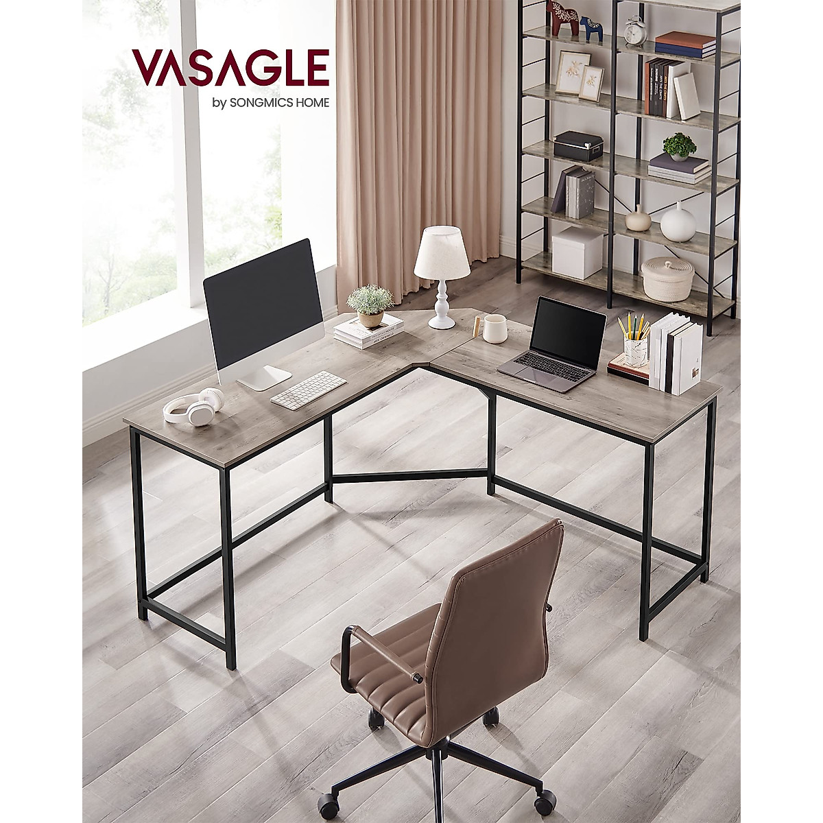 VASAGLE L-Shaped Computer Desk, Industrial Workstation for Home Office Study Writing and Gaming, Space-Saving, Easy Assembly, 58.7”D x 58.7”W, Walnut Brown