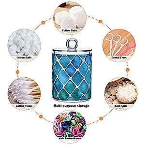 Fustylead 2 Pack Blue-green Squares Qtip Holder Dispensers, Bathroom Storage Canister Plastic Apothecary Jar Set for Cotton Swabs, Ball, Pads, Floss