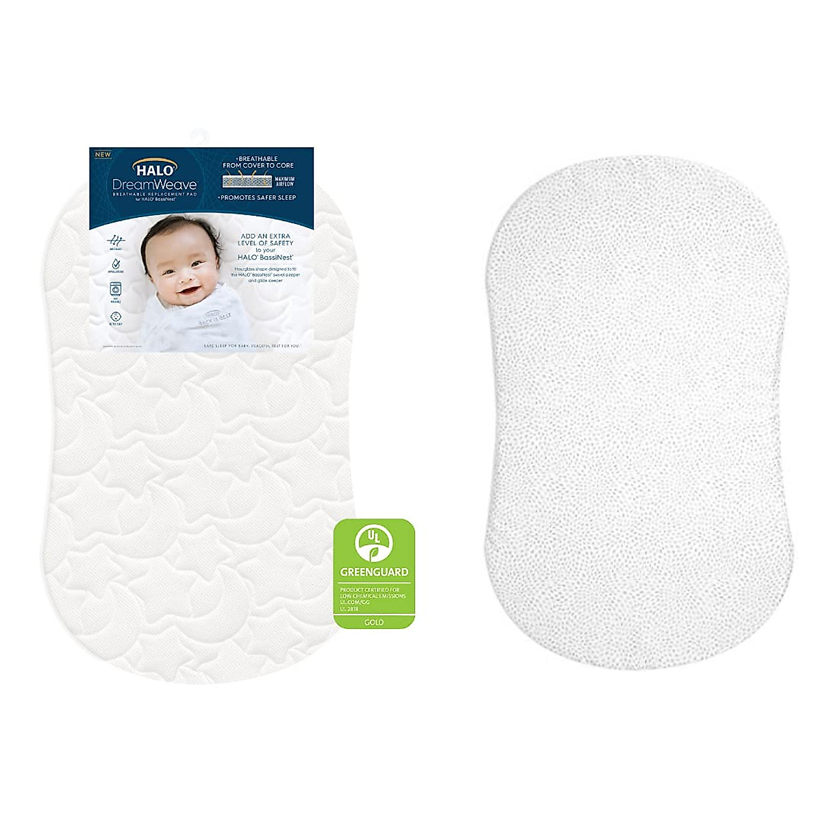 HALO DreamWeave Breathable Mesh BassiNest Mattress Replacement Pad and HALO BassiNest Fitted Sheet Pebble, Bundle