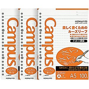 Kokuyo Campus Loose Leaf Paper for Binders, Sarasara Smooth Writing, A5, A 7mm Dotted Ruled, 20 Holes, 24 Lines, 100 Sheets, pH Neutral, Bleed Resistant, 75gsm, Pack of 3, Japan Import (NO-807AT)